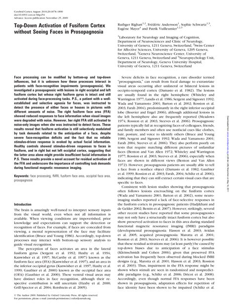 Pdf Top Down Activation Of Fusiform Cortex Without Seeing Faces In Prosopagnosia