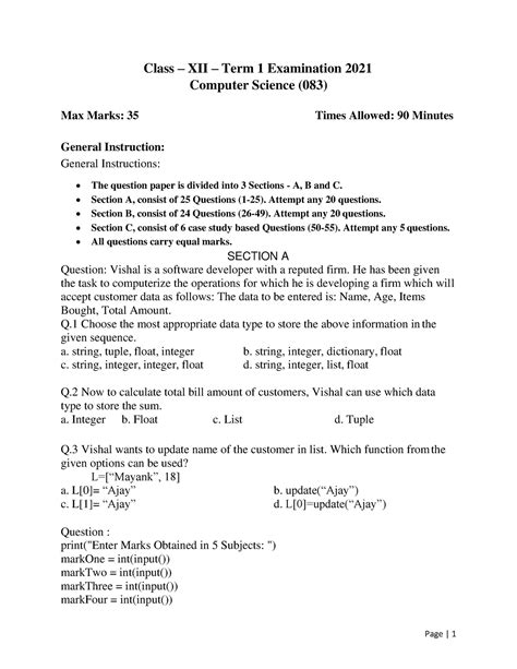 Computer Science Class Xii Term 1 Examination 2021 Computer Science 083 Max Marks 35