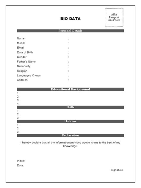 Bio Data Format For Freshers Pdf