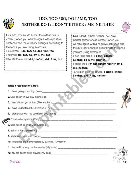 english worksheets using i do too so do i me too i don t either neither do i me