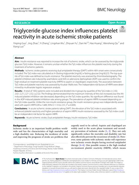 Pdf Triglyceride Glucose Index Influences Platelet Reactivity In