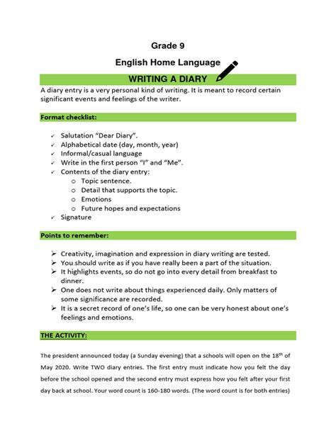 Grade 9 English Hl Writing A Diary Worksheet Rubric Pdf Feeling Knowledge