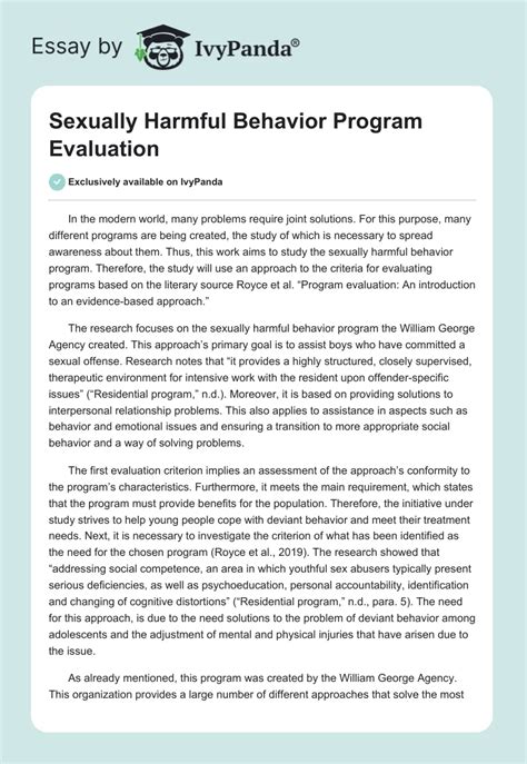 Sexually Harmful Behavior Program Evaluation Words Essay Example