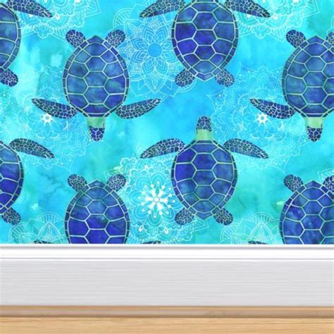 Watercolor Sea Turtles Mandalas Blue Wallpaper Spoonflower Teal