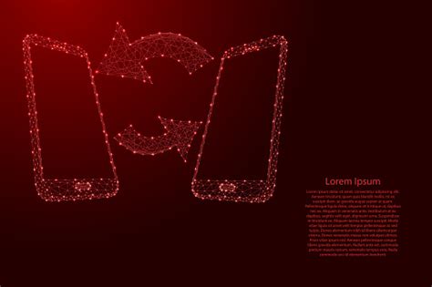 두 개의 스마트 폰과 미래의 다각형 레드 라인과 배너 포스터 인사말 카드에 빛나는 별에서 데이터 교환 대화 형 통신의 개념 벡터 그림입니다 개념에 대한 스톡 벡터 아트 및