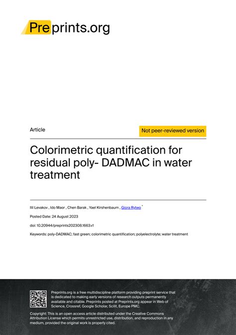 Pdf Colorimetric Quantification For Residual Poly Dadmac In Water Treatment