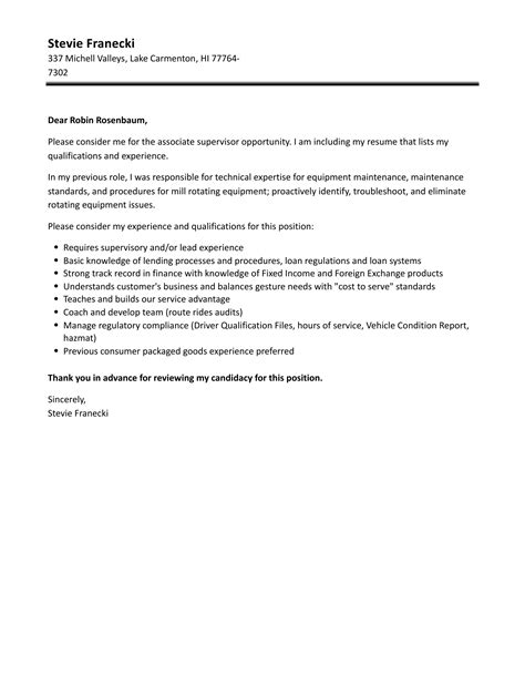 Associate Supervisor Cover Letter Velvet Jobs