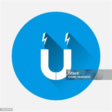 파란색 배경에 벡터 아이콘 말굽 말입니다 긴 그림자가 있는 플랫 이미지입니다 자석에 대한 스톡 벡터 아트 및 기타 이미지