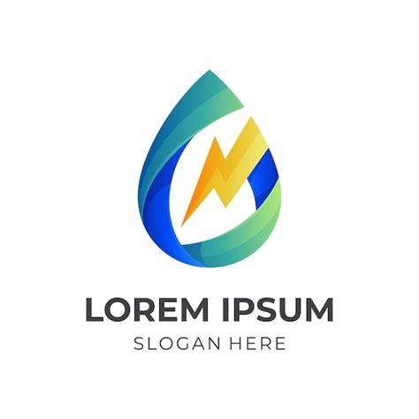 3d 다채로운 스타일의 자연 에너지 로고 디자인 물과 천둥 조합 로고 프리미엄 벡터