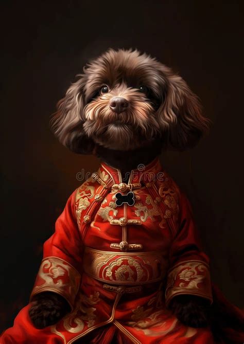 Painting Of A Dark Auburn Brown Cockapoo Dog Wearing A Traditional Red