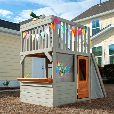 Funphix Outdoor Wooden Playhouse Backyard Playset With Climbing Ramp