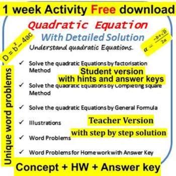 Quadratic Equation With Word Problems Teachers Version With Detailed Solution