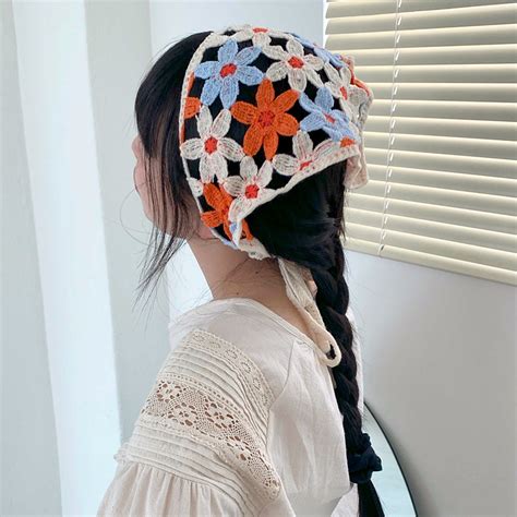아주얼 무배 크로쉐 니트 뜨개 레이스 플라워 헤어 스카프 두건 5color