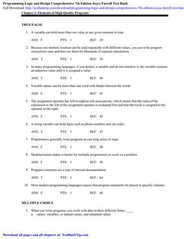 Programming Logic And Design Comprehensive Th Edition Joyce Farrell Test Bank By Toddyi Issuu