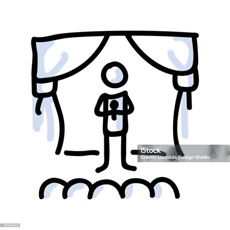 손으로 그린 스틱 피규어 홀딩 마이크 대중 연설 자의 개념 스탠드 업 코미디 픽토그램에 대한 간단한 아이콘 모티프 무대 연설 스피커 부조 일러스트레이션 Theatrical