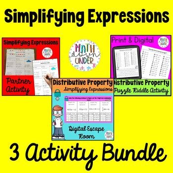 Simplifying Expressions Distribute Combine Like Terms Activity Bundle