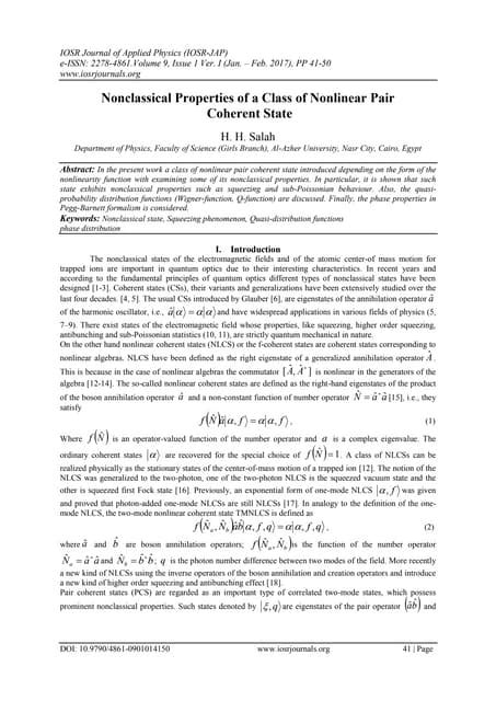 Nonclassical Properties Of A Class Of Nonlinear Pair Coherent State Pdf Physics Science