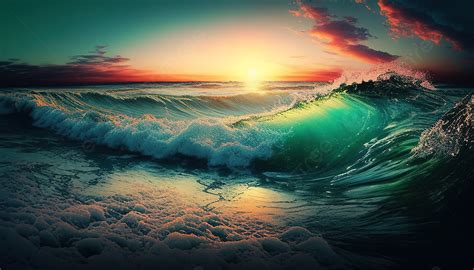 녹색 바다 물결과 함께 아름다운 일몰 예쁜 바다 사진 배경 일러스트 및 사진 무료 다운로드 Pngtree