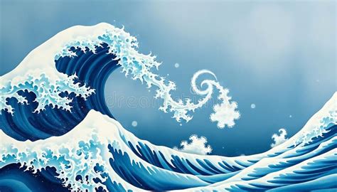 Dynamic And Stylized Ocean Waves Are Depicted With Swirling Crests And Curling Stock