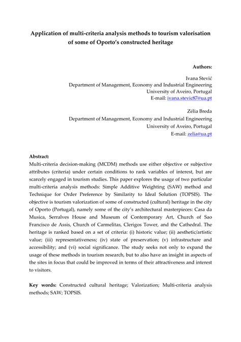 Pdf Application Of Multi Criteria Analysis Methods To Tourism