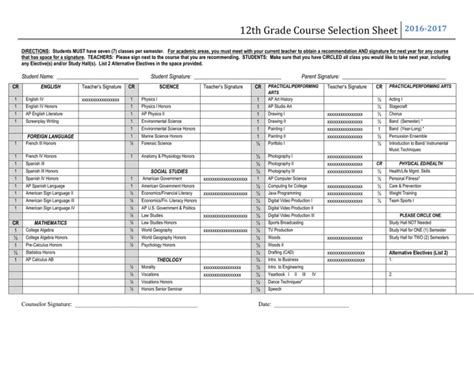 12th Grade Course Selection Sheet 2016 2017