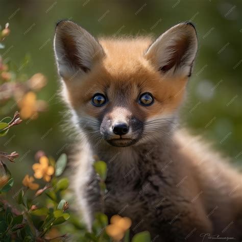 Premium Ai Image A Fox Cub With A Black Nose And Blue Eyes Looks Into