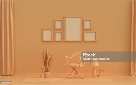 단단한 플랫 파스텔 오렌지 분홍색 색상의 6 프레임벽 모형 가구와 식물이있는 흑백 인테리어 현대적인 거실 3d 렌더링 0명에 대한 스톡 사진 및 기타 이미지 Istock