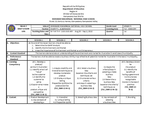 Tle 9 Cookery Week 2 Dll Republic Of The Philippines Department Of Education Region Xi