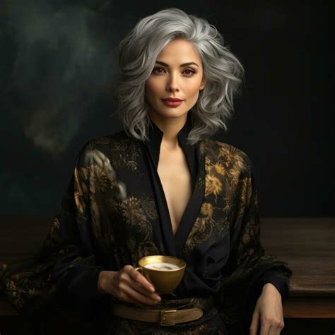ai generated a 40 year old woman with grey hair holding a cup and