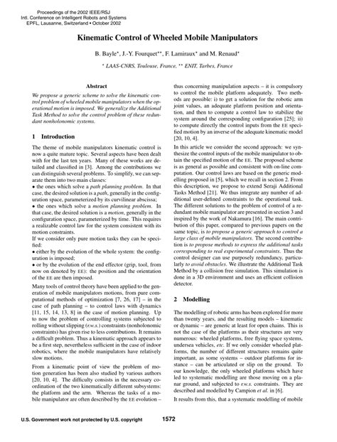 Pdf Kinematic Control Of Wheeled Mobile Manipulators