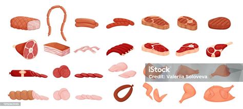 고기 컬렉션 소시지 생 닭고기 생 닭고기 생 고기 소시지 슬라이스 너클 베이컨 갈비 닭 가슴살 시쉬 케밥 라드 허브 소스 플랫 만화 스타일로 설정합니다 흰색으로 격리됩니다