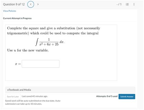 Solved Complete The Square And Give A Substitution Not