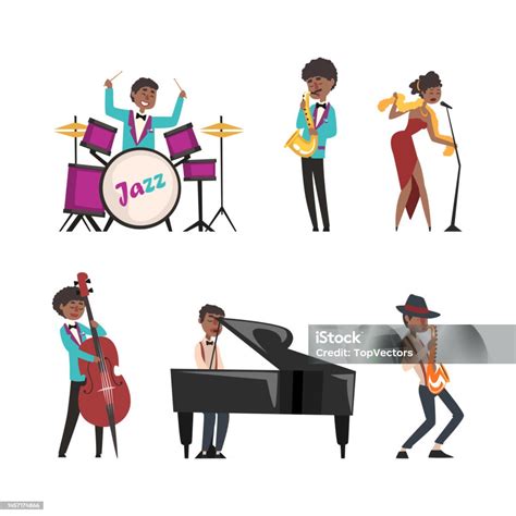 재즈 뮤지션의 집합입니다 악기로 공연하고 만화 벡터 삽화를 노래하는 사람들 포스터에 대한 스톡 벡터 아트 및 기타 이미지