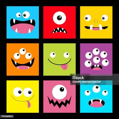 몬스터 헤드 세트 정사각형 머리 부 으스스한 비명 슬픈 얼굴 감정 세 눈 혀 치아 송곳니 마우스 해피 할로윈 카드 플랫 디자인 스타일 검은 색 배경입니다 0명에 대한 스톡