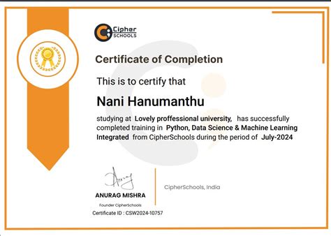 Achievement Python Datascience Machinelearning Cipherschools Nani H