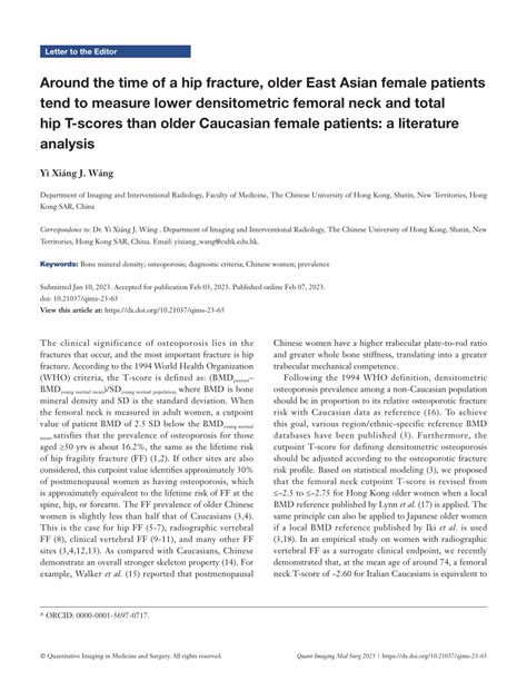 PDF Around The Time Of A Hip Fracture Older East Asian Female Patients Tend To Measure Lower