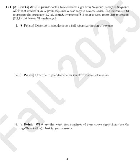 B1 20 Points Write In Pseudo Code A Tail Recursive Algorithm Reverse