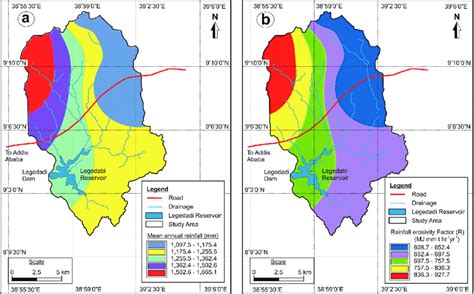 A Mean Annual Rainfall B Distribution Of Rainfall Erosivity Factor Download Scientific