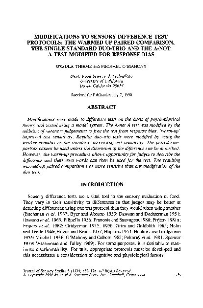 Pdf Modifications To Sensory Difference Test Protocols The Warmed Up Paired Comparison The