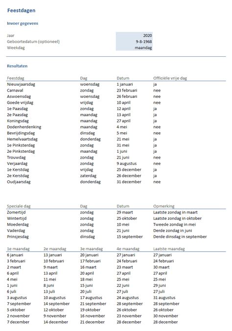 Kalender Toolkit In Excel Kalenders Checklists En Datumrekentools