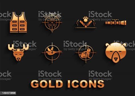 십자선 스나이퍼 광학 시력 곰 머리 토끼 무스 뿔 함정 사냥 사냥 재킷 및 사슴 아이콘으로 오리에 사냥을 설정하십시오 벡터 거위 새에 대한 스톡 벡터 아트 및 기타 이미지