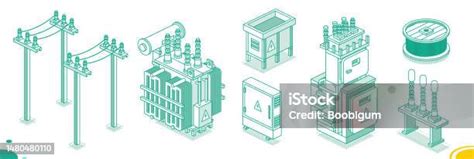 아이소메트릭 전기 변압기 세트 에너지 객체의 윤곽을 그립니다 흰색으로 격리 된 고전압 변전소 발전기에 대한 스톡 벡터 아트 및