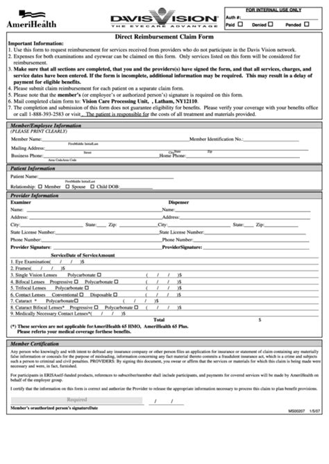 Form Ms00207 Amerihealth Direct Reimbursement Claim Form 2007 Printable Pdf Download