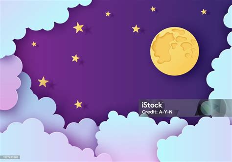 종이 컷 스타일의 밤 하늘 별과 보름달 종이 컷 예술 보라색과 파란색 그라데이션 흐린 풍경3d 배경을 잘라 귀여운 종이 접기 구름입니다 소원 좋은 밤 꿈을위한 벡터 카드