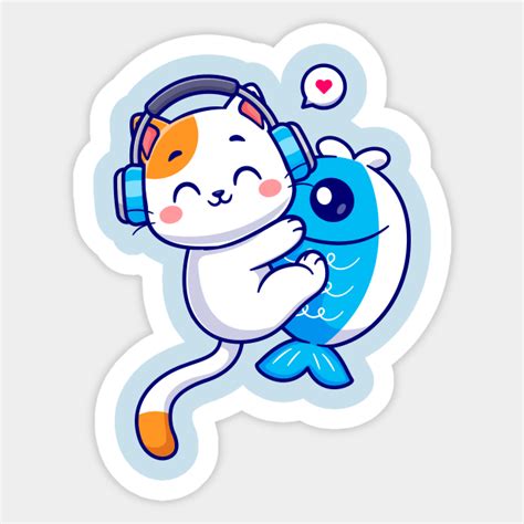 Cute Cat Hug Fish With Headphone Cartoon Cute Cat Hug Fish With