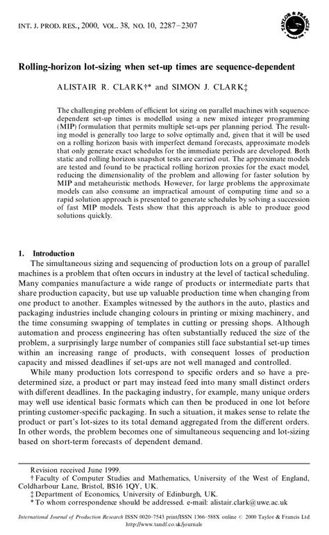 Pdf Rolling Horizon Lot Sizing When Set Up Times Are Sequence Dependent