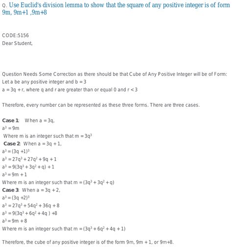 Use Euclids Division Lemma To Show That The Cube Of Any Positive Integer Is Of The Form M M