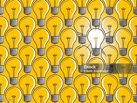 노란색 바탕에 좋은 아이디어를 묘사 하는 전구 세트 혁신 기호입니다 라이트 전구 기호입니다 사업을 시작 기술 과학에 대 한 디자인 요소입니다 발명 연구 상상력과 창의력의