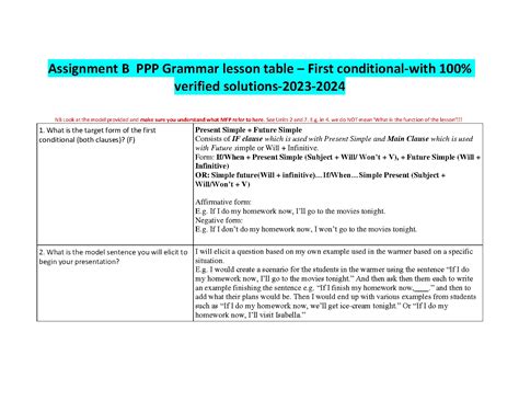 Tefl Assignment B Ppp Grammar Lesson Table First Conditional
