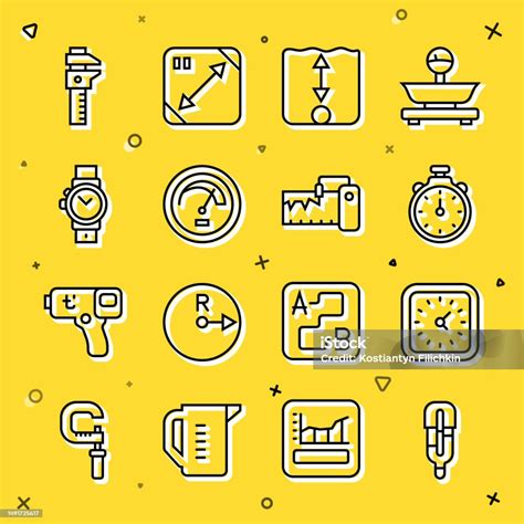 라인 의료용 온도계 시계 스톱워치 깊이 측정 속도계 손목 캘리퍼 또는 캘리퍼스 및 눈금 및 측정기 아이콘을 설정합니다 벡터 0